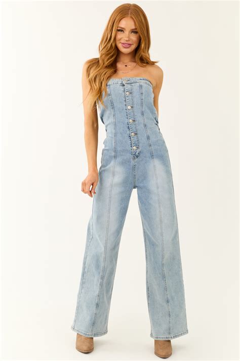 Medium Wash Denim Strapless Jumpsuit Lime Lush Boutique
