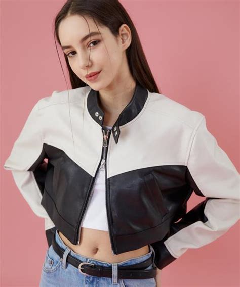 콜릿 에스파 윈터 착용 39차 재입고 Women 맥시 크롭 투웨이 배색 레더 라이더자켓 Blackwhite 가죽자켓 Ver