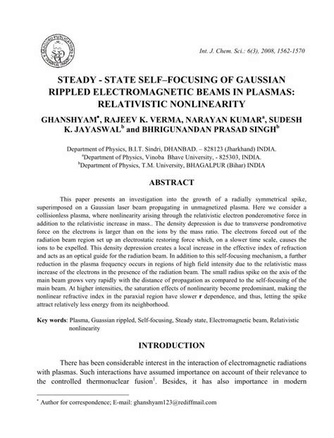 PDF STEADY STATE SELFFOCUSING OF GAUSSIAN High Power Gaussian Laser Beam In A Plasma
