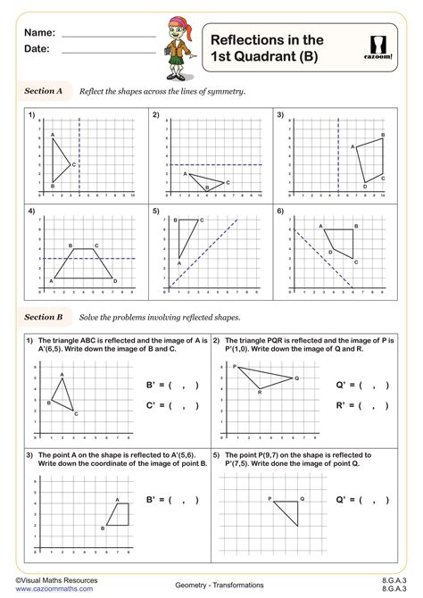 Reflections In The 1st Quadrant B Worksheet Printable Pdf 8th Grade Geometry Worksheet