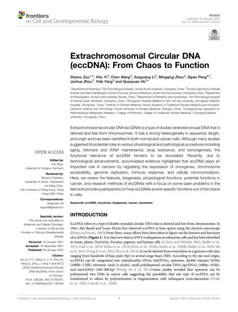 Pdf Extrachromosomal Circular Dna Eccdna From Chaos To Function