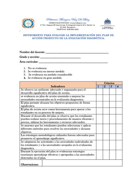Instrumento Para Evaluar La Implementacion Del Plan De Accion Producto