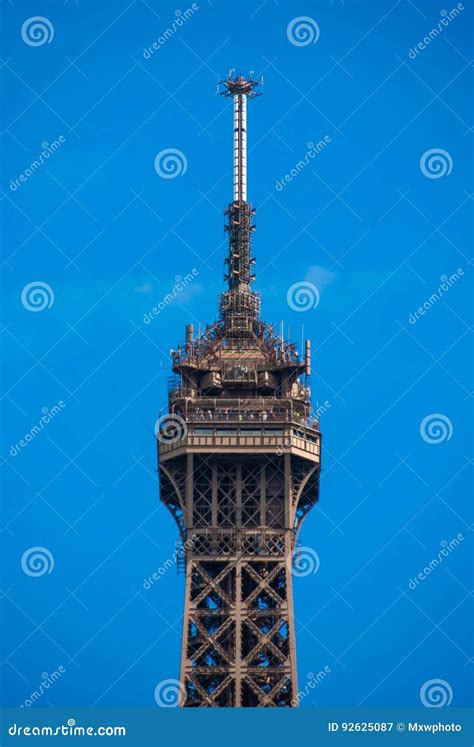 Spire Peak Of Eiffel Tower Tour Eiffel Blue Sky Steel Structure Stock