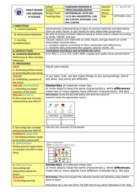 Interactive Dll Science 3 Q1 W2 Daily Lesson Log Ingrade Iii Science