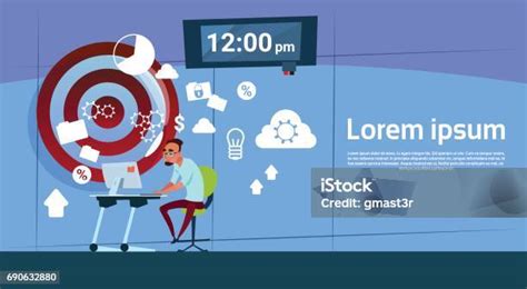 앉아 책상 사무실 컴퓨터 바탕 화면 복사 공간 작업 비즈니스 사람 개념에 대한 스톡 벡터 아트 및 기타 이미지 개념 개념 기호 경영자 Istock