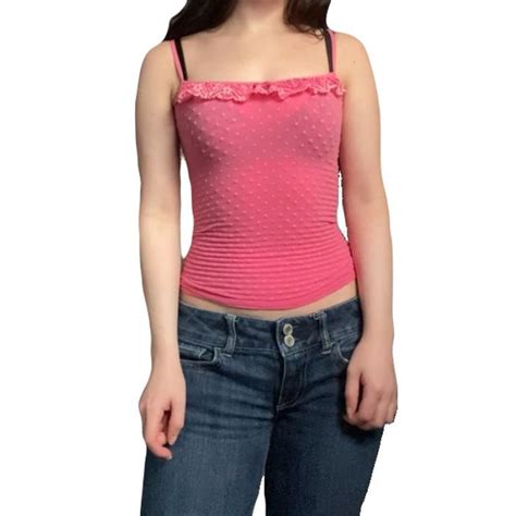 Cute Pink Cropped Tight Fitted Tank Top Polka Dot Depop