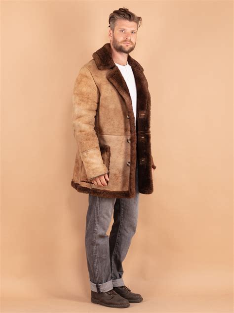 Online Vintage Store Vintage 70s Men Sheepskin Shearling Coat In Brown Northern Grip