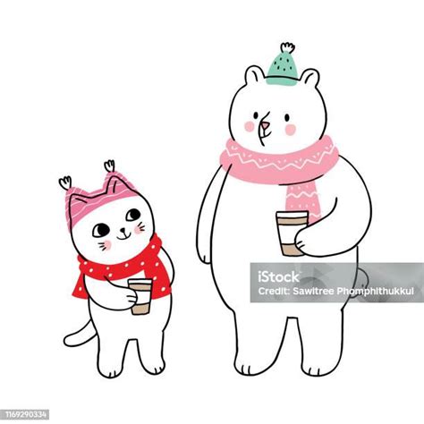 만화 귀여운 겨울 고양이와 북극곰 마시는 커피 벡터입니다 12월에 대한 스톡 벡터 아트 및 기타 이미지 12월 겨울 계절