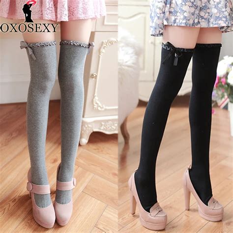 Hot Autumn Bow Sweet Black White Women High Over The Knee Socks Cotton
