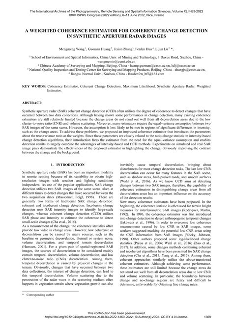 PDF A WEIGHTED COHERENCE ESTIMATOR FOR COHERENT CHANGE DETECTION IN SYNTHETIC APERTURE RADAR
