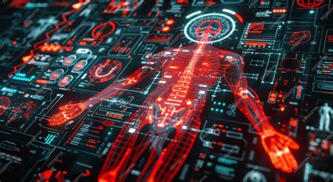 Digital Human Body Scan With Red And Blue Hues On A Technological Interface Premium Ai
