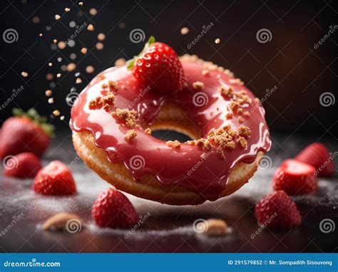 Delicious Strawberry Doughnut Floating In The Air Filled With Cherry Jelly And Topped With