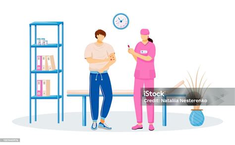 환자 및 의사 플랫 컬러 벡터 얼굴없는 문자 피부 발진을 가진 남자 여자는 주사를 만드는 남성 환자를 위한 예방 접종 약용 질환