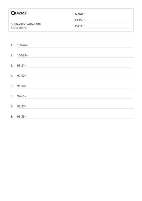 50 Subtraction Within 100 Worksheets For 5th Class On Quizizz Free