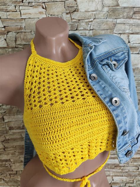 Yellow Crochet Crop Top Hippie Halter Top Beach Clothing Etsy