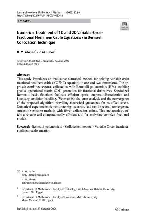 Pdf Numerical Treatment Of 1d And 2d Variable Order Fractional Nonlinear Cable Equations Via