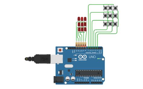 circuit design 9 botones y 9 leds digital tinkercad