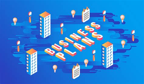 비즈니스 계획 아이소메트릭 텍스트 디자인 문자 및 비즈니스 요소 현대 추상 블루 그라데이션 배경에 가리기에 대한 스톡 벡터 아트