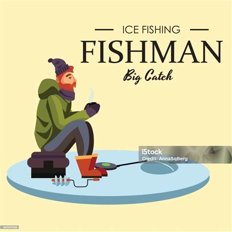 플랫 어 부 모자 스핀 낚 싯 대와 가방에 손에 앉아서 잡는 다 양동이 부 Crocheted 큰 물고기 재 밌 벡터 일러스트 레이 션 남자 활성 배너 개념을 기다리는 얼음