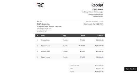 Mzuri Receipt Invoice Codesandbox
