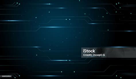 어두운 배경에 빛나는 파란색 회로 같은 선이 있는 추상적인 기술 미래 지향적인 디자인입니다 작고 빛나는 입자들이 여기저기 흩어져 있었다 벡터 일러스트 레이 션 0명에 대한