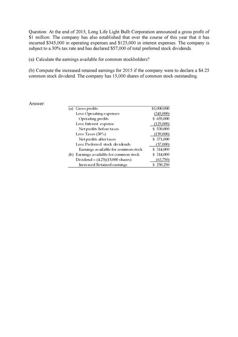 Class Activity Ratios Question At The End Of 2015 Long Life Light
