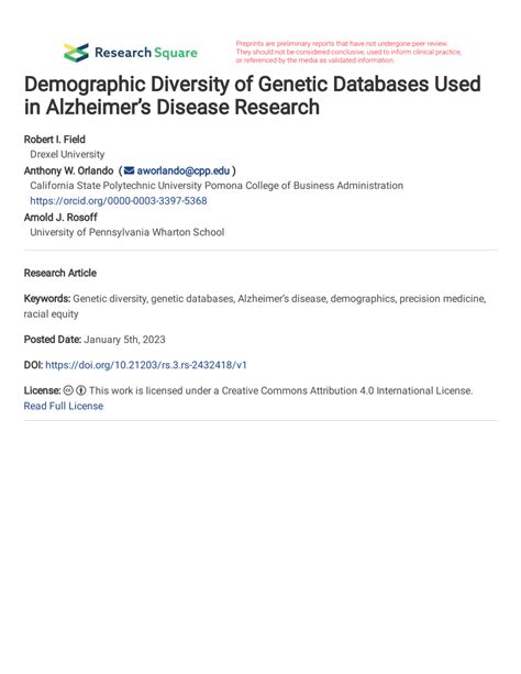 Pdf Demographic Diversity Of Genetic Databases Used In Alzheimer S
