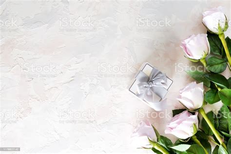 발렌타인 데이 인사말 카드입니다 밝은 돌 배경에 핑크 장미와 선물 상자 복사 공간이있는 상단보기 결혼식에 대한 스톡 사진 및