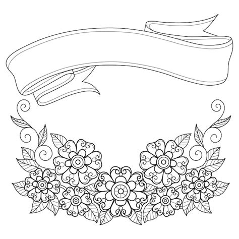 Banners e flores desenhados à mão para livro de colorir adulto Vetor