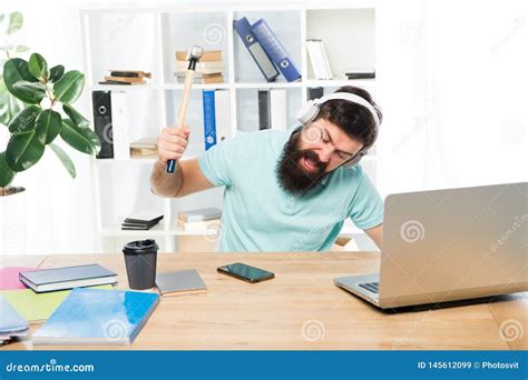 Annoying Client Calling Man Bearded Guy Headphones Office Swing Hammer On Smartphone Spoiled