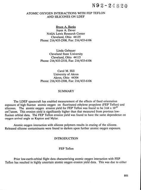 Pdf Atomic Oxygen Interactions With Fep Teflon And Silicones On Ldef