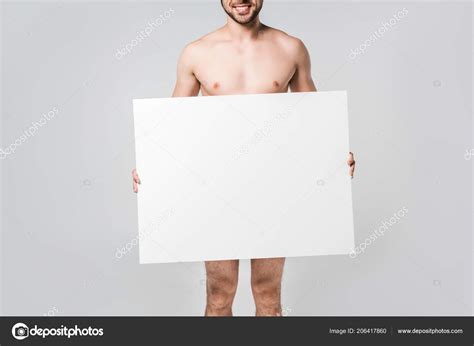 Partial View Smiling Naked Man Holding Blank Banner Isolated Grey Stock Photo IgorVetushko
