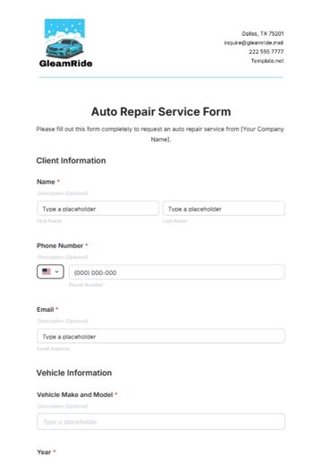 Free Auto Repair Service Form Template To Edit Online