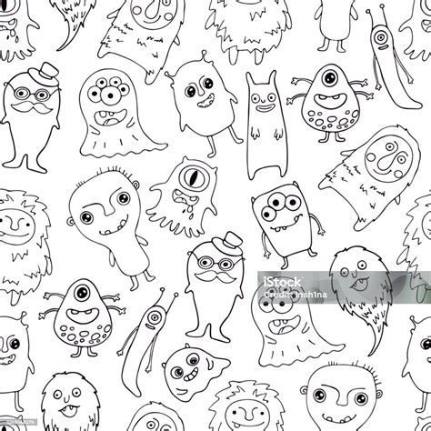 흑인과 백인 원활한 패턴 괴물 개체 그룹에 대한 스톡 벡터 아트 및 기타 이미지 개체 그룹 검은색 공포 무서움 Istock