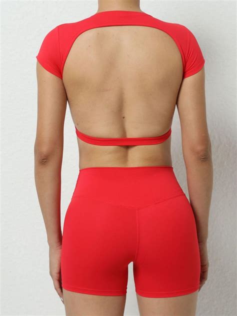 Backless Sports Crop Top And High Waist Sports Shorts Set Sports Crop