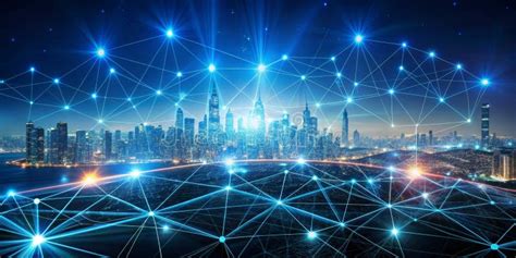 Global Network Connection Illuminated Cityscape With Glowing Lines And Nodes Stock