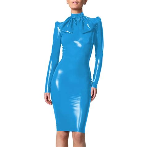 Pvc Dress Full Sleeve Sheath Dress Big Bow Mock Neck Faux Latex Bodycon