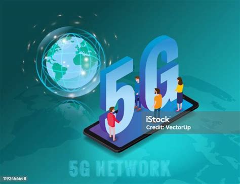아이소메트릭 5g 네트워크 무선 기술 템플릿 지구 행성 문자 5g과 작은 사람들과 아이소 메트릭 스마트 폰 글로벌 고속 인터넷 네트워크의 다섯 번째 혁신적인 세대 벡터 개념