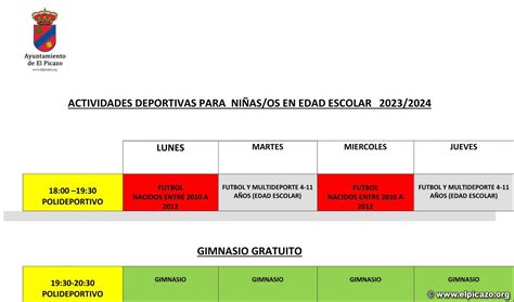 Horarios Actividades Deportivas El Picazo Cuenca Ayuntamiento De