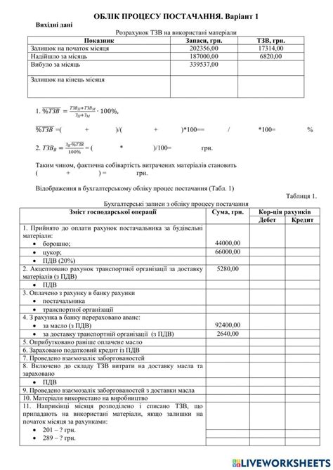 Облік процесу постачання Варіант 1 Interactive Worksheet Live Worksheets