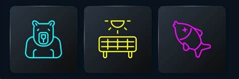 세트 라인 북극곰 머리 죽은 물고기 및 태양 에너지 패널 검은색 사각형 버튼입니다 벡터 검은색에 대한 스톡 벡터 아트 및 기타 이미지 Istock