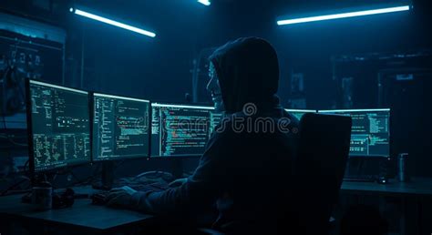 Cybersecurity Hacker Working Late Night In A Dark Room With Multiple