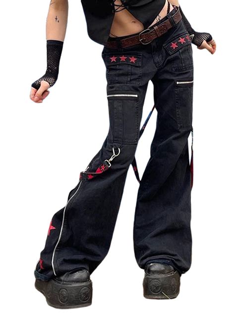 Acehomeyfit Women Gothic Punk Cargo Pants High Waist Flare Pants Wide