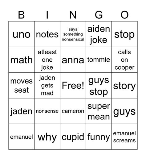 Algebra Bingo Card