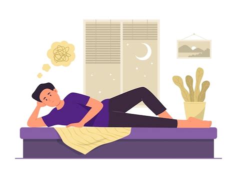 Hombre de insomnio acostado en la cama con sensación de estrés por la ilustración del concepto