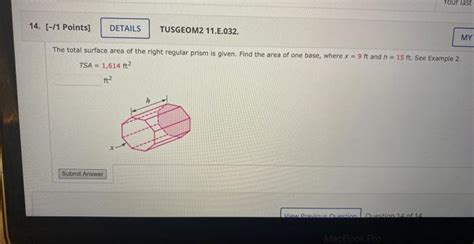 Solved The Total Surface Area Of The Right Regular Prism Is