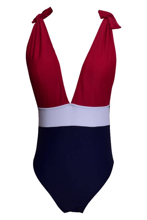 Iyasson Sexy Contrast Color Deep V Neck One Piece Swimsuit