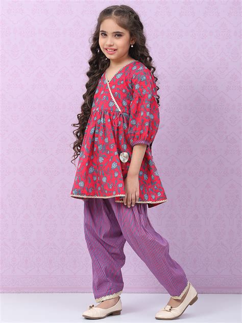 Pink Cotton Flared Printed Kurta Set At Biba India