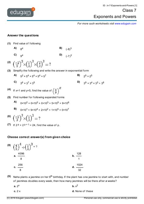 Grade 7 Math Worksheets And Problems Exponents And Powers Edugain Usa