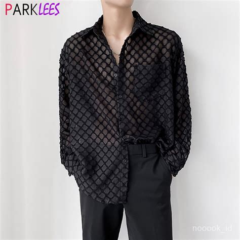 Jual Mens Plaid See Through Lace Shirt Sexy Casual Loose See Through